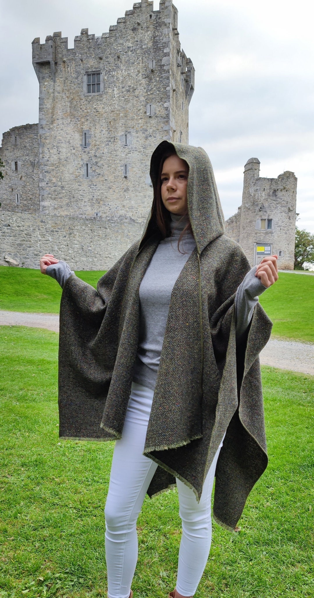 Irish Donegal Tweed Wool Hooded Ruana, Cape, Rectangle Cloak - Speckled ...