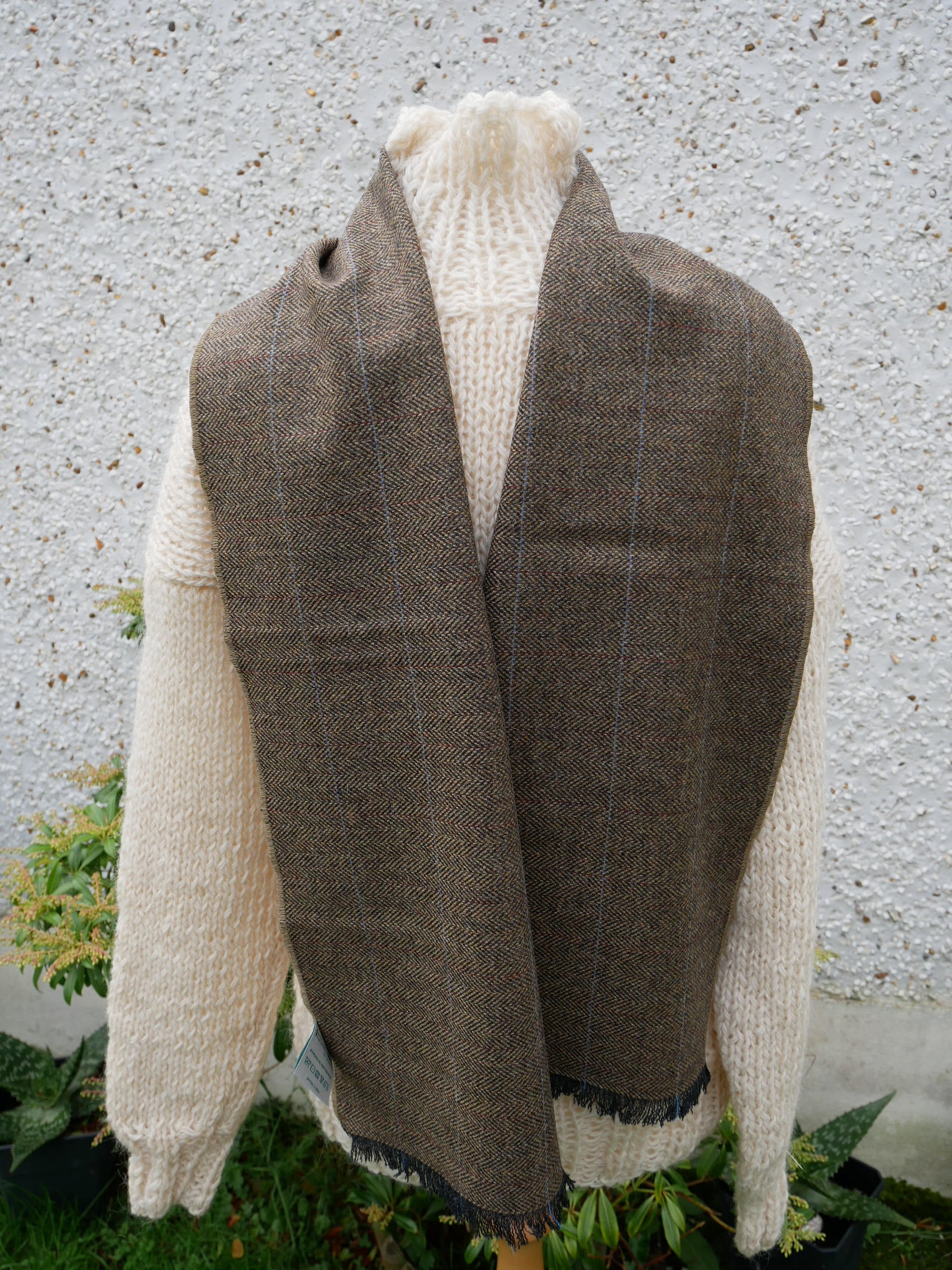 Irish tweed wool scarf -100% wool- beige/black herringbone - FREE ...