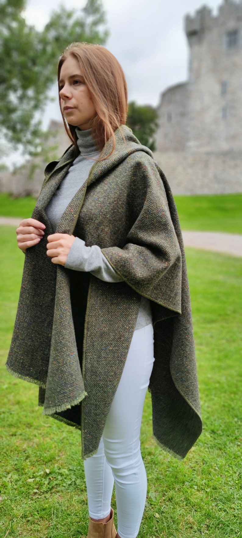 Irish Donegal Tweed Wool Hooded Ruana, Cape, Rectangle Cloak - Speckled ...