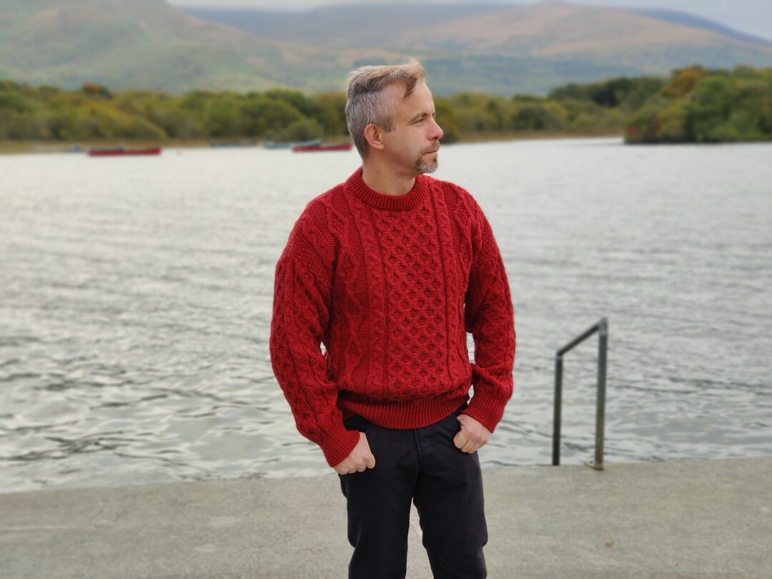 Traditional Aran Sweater - 100% Pure New Wool - Red - Chunky & Heavy ...