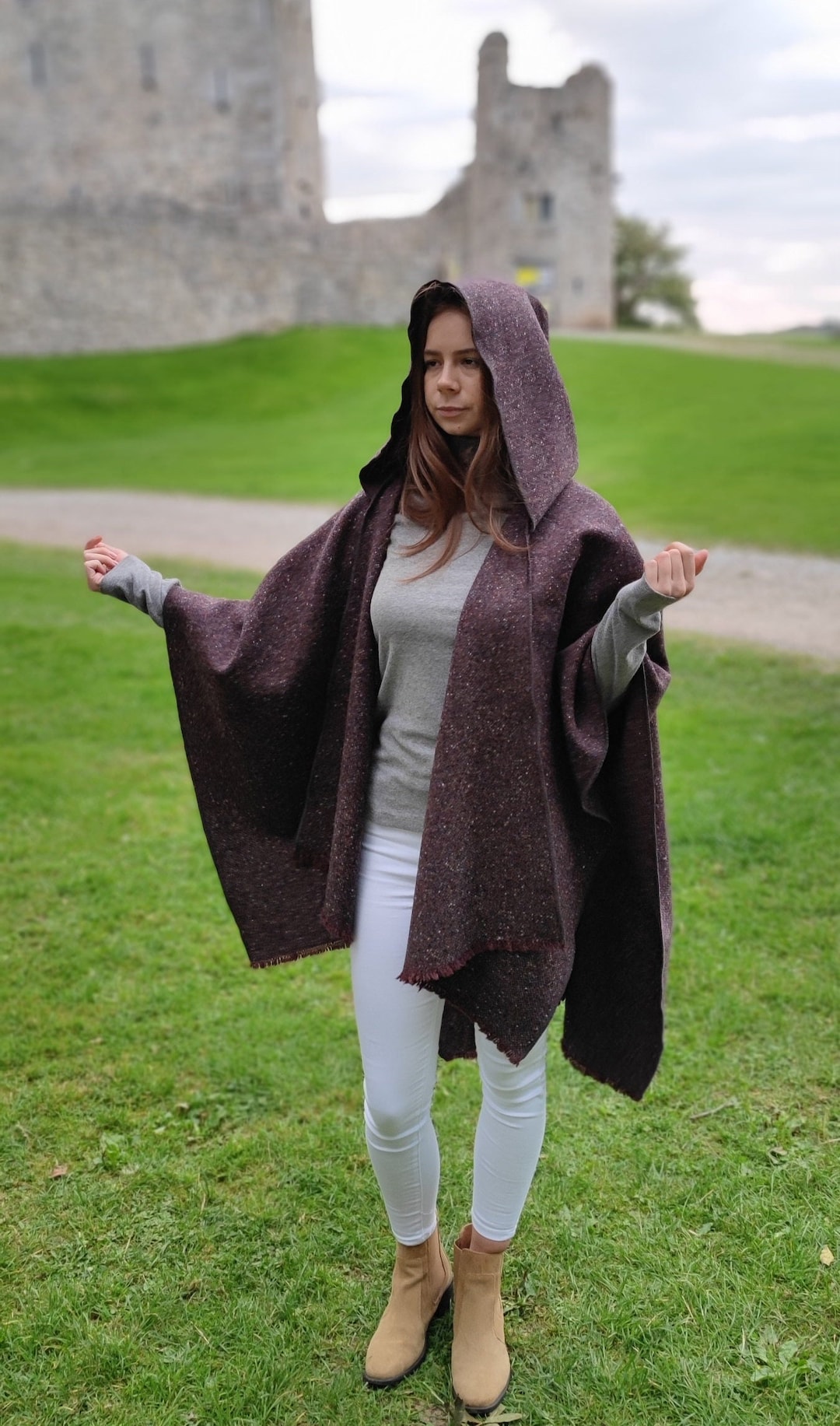 Irish Donegal Tweed Wool Hooded Ruana, Cape, Rectangle Cloak ...