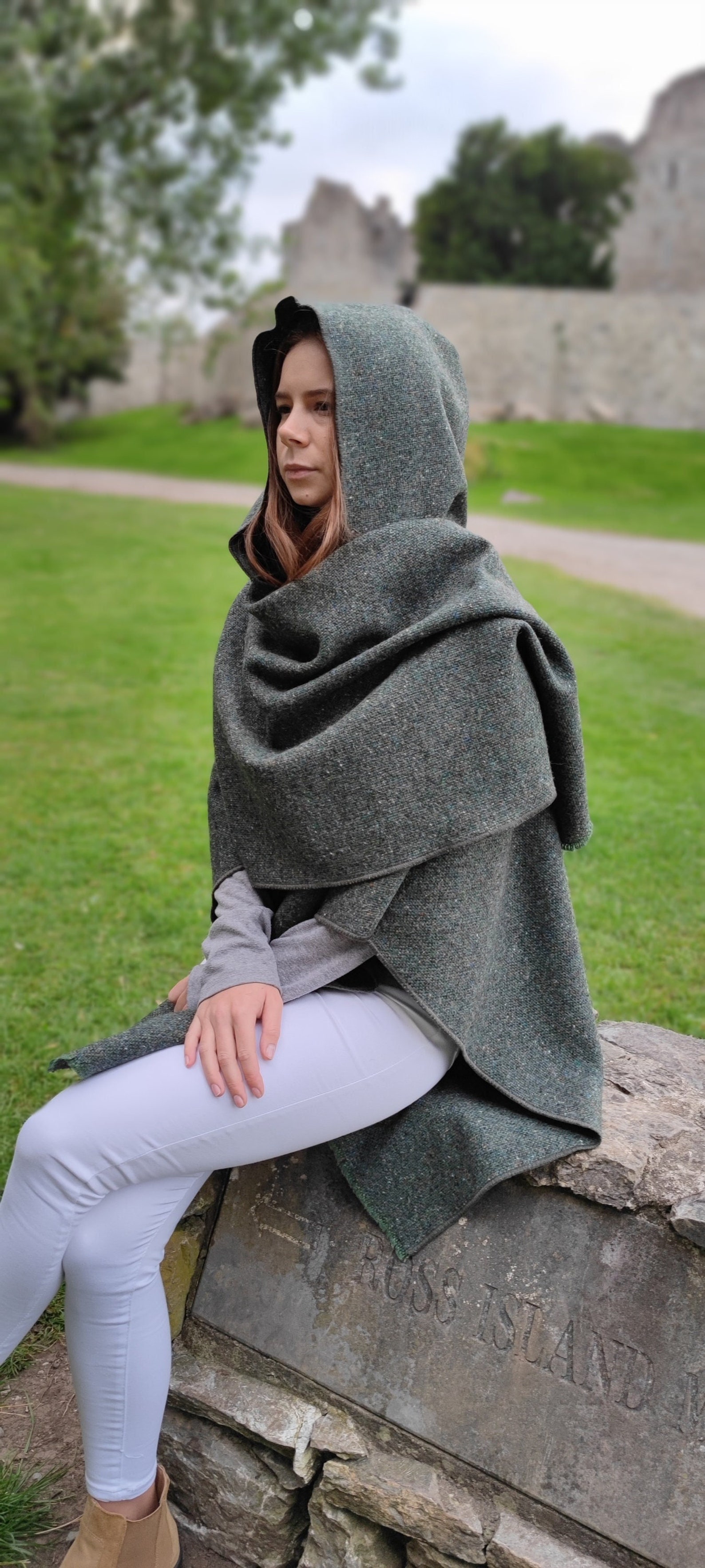 Irish Donegal Tweed Wool Hooded Ruana, Cape, Rectangle Cloak ...