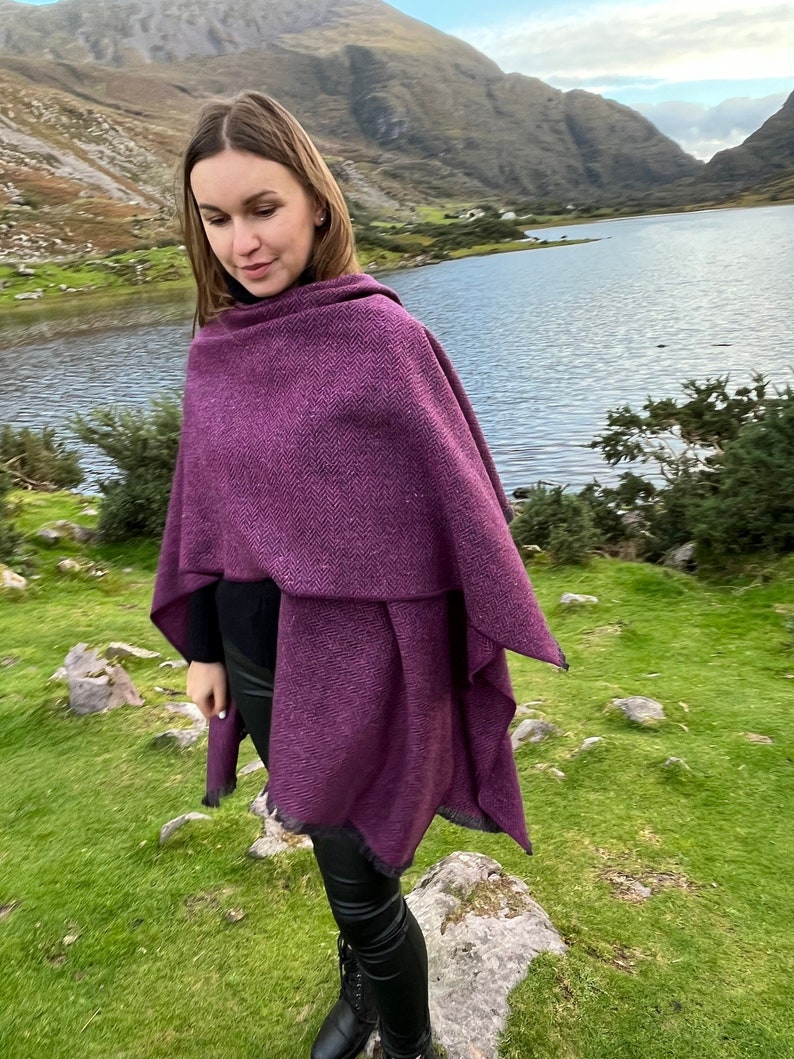 Irish Donegal Tweed Hooded Ruana, Wrap, Cape, Cloak, Robe - Purple Wine ...