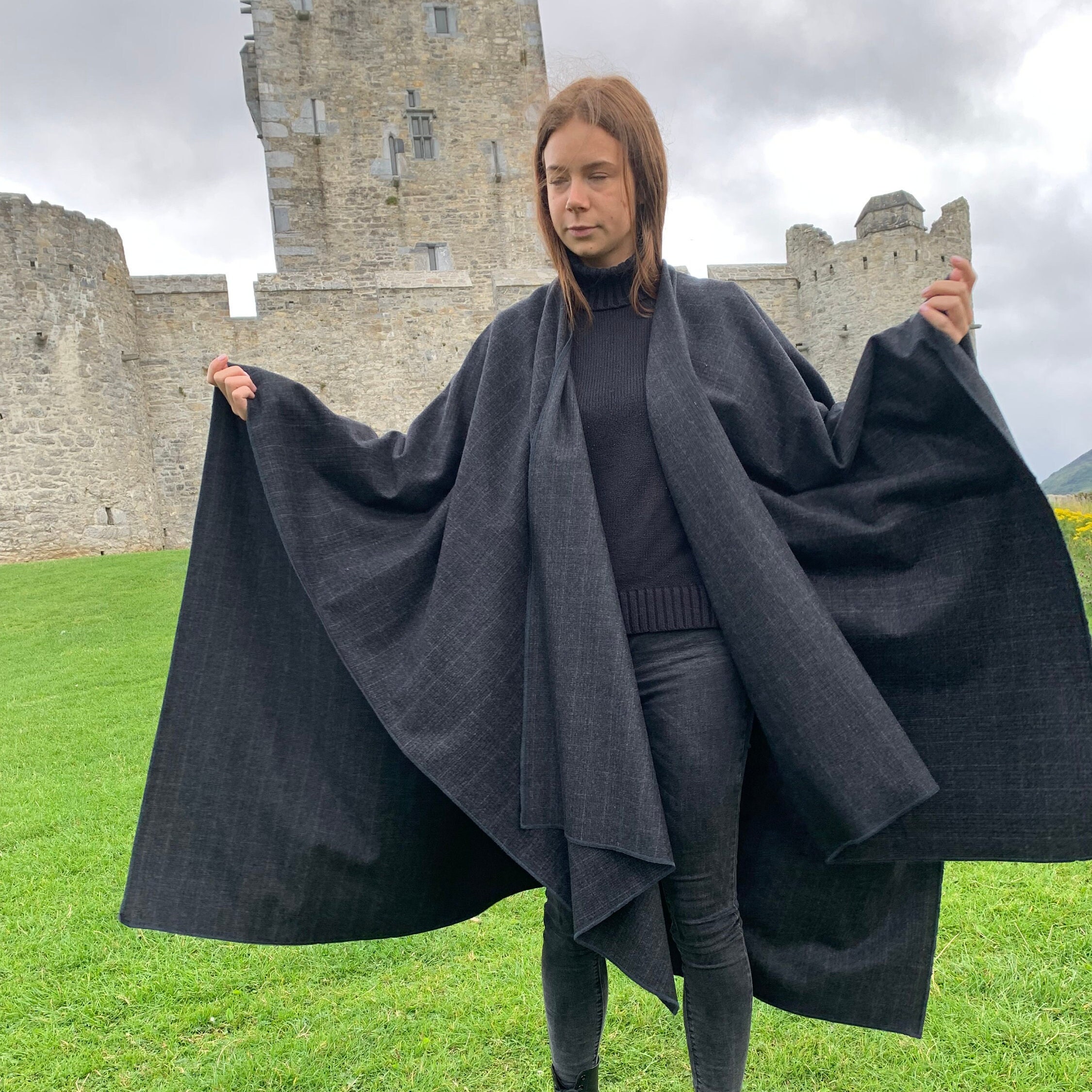 Irish soft lambswool ruana, wrap, cape, cloak, shawl - charcoal with ...