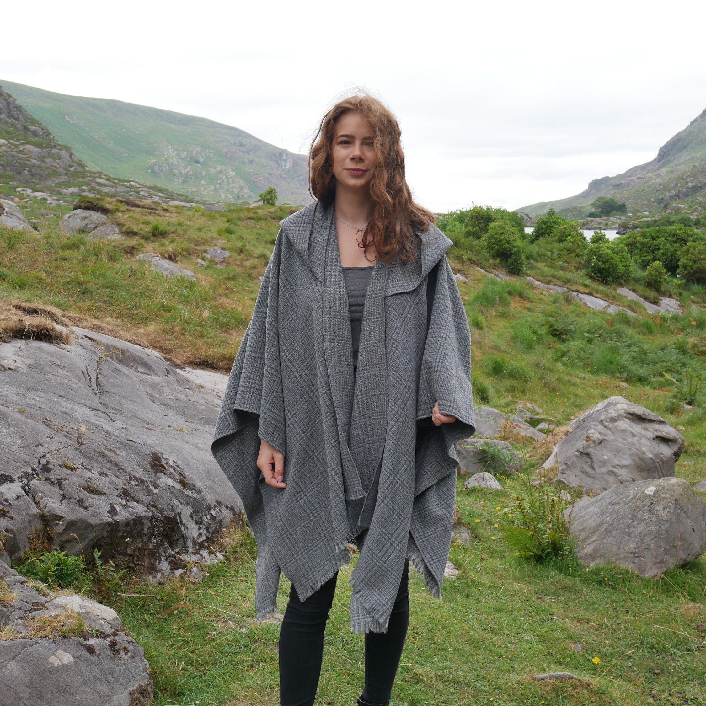 Irish wool hooded ruana, wrap, arisaid - grey tartan , plaid - ready ...