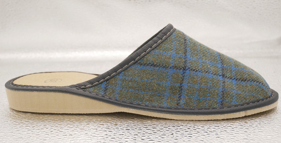 Womens Irish Tweed & Leather Slippers Green/blue/black - Etsy