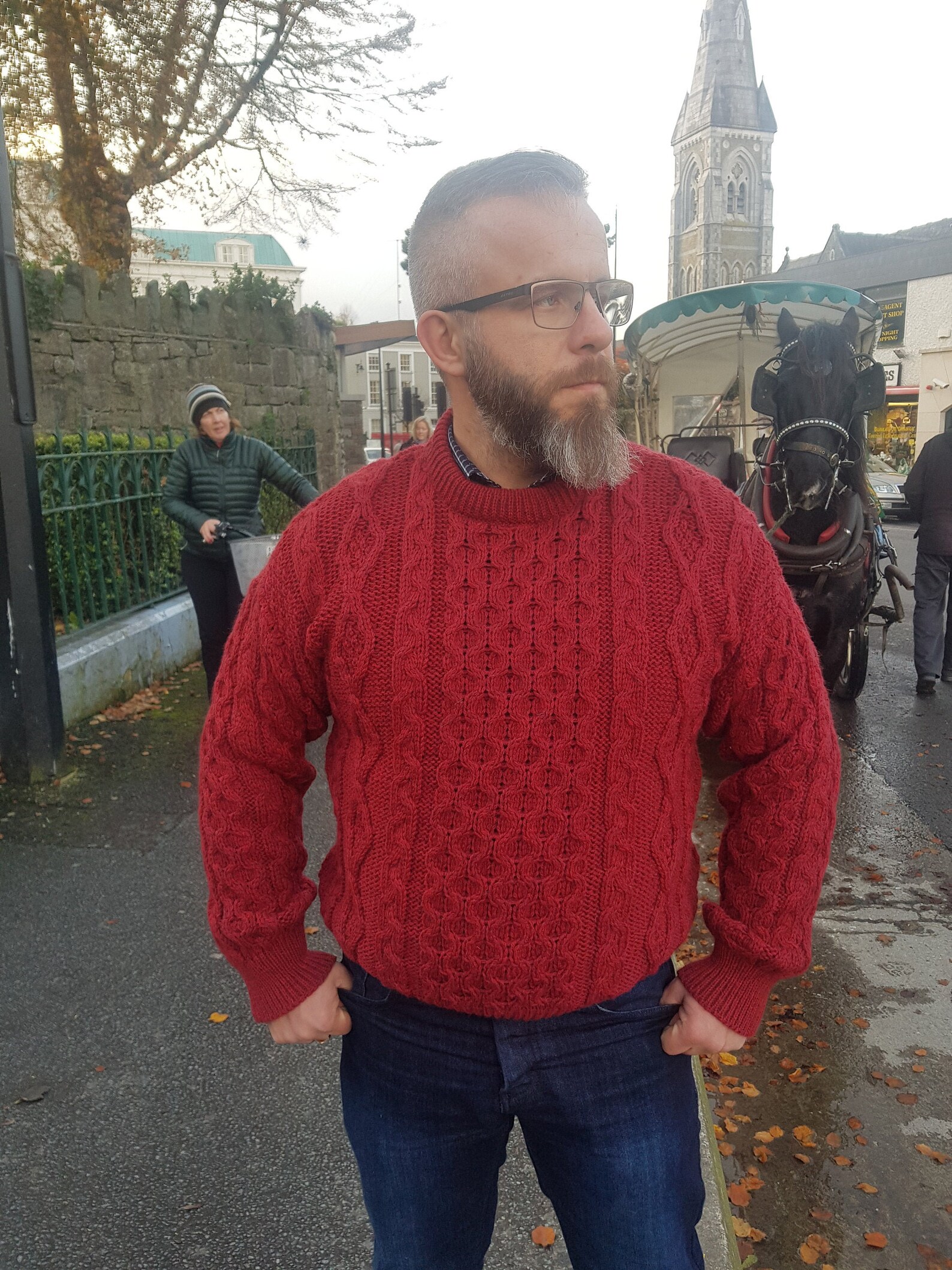 Traditional Aran Sweater - 100% Pure New Wool - Red - Chunky & Heavy ...