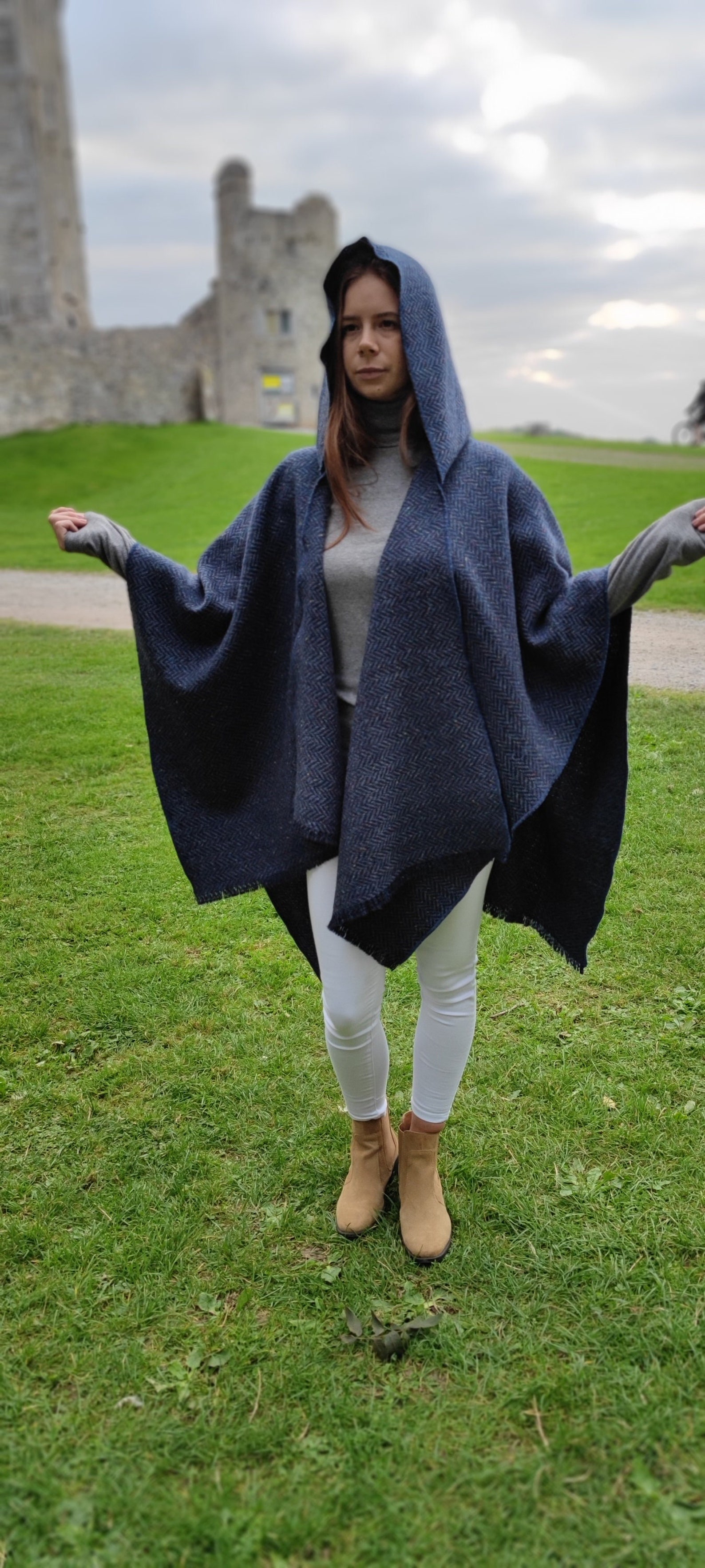 Irish Donegal Tweed Wool Hooded Ruana, Cape, Rectangle Cloak - Speckled ...
