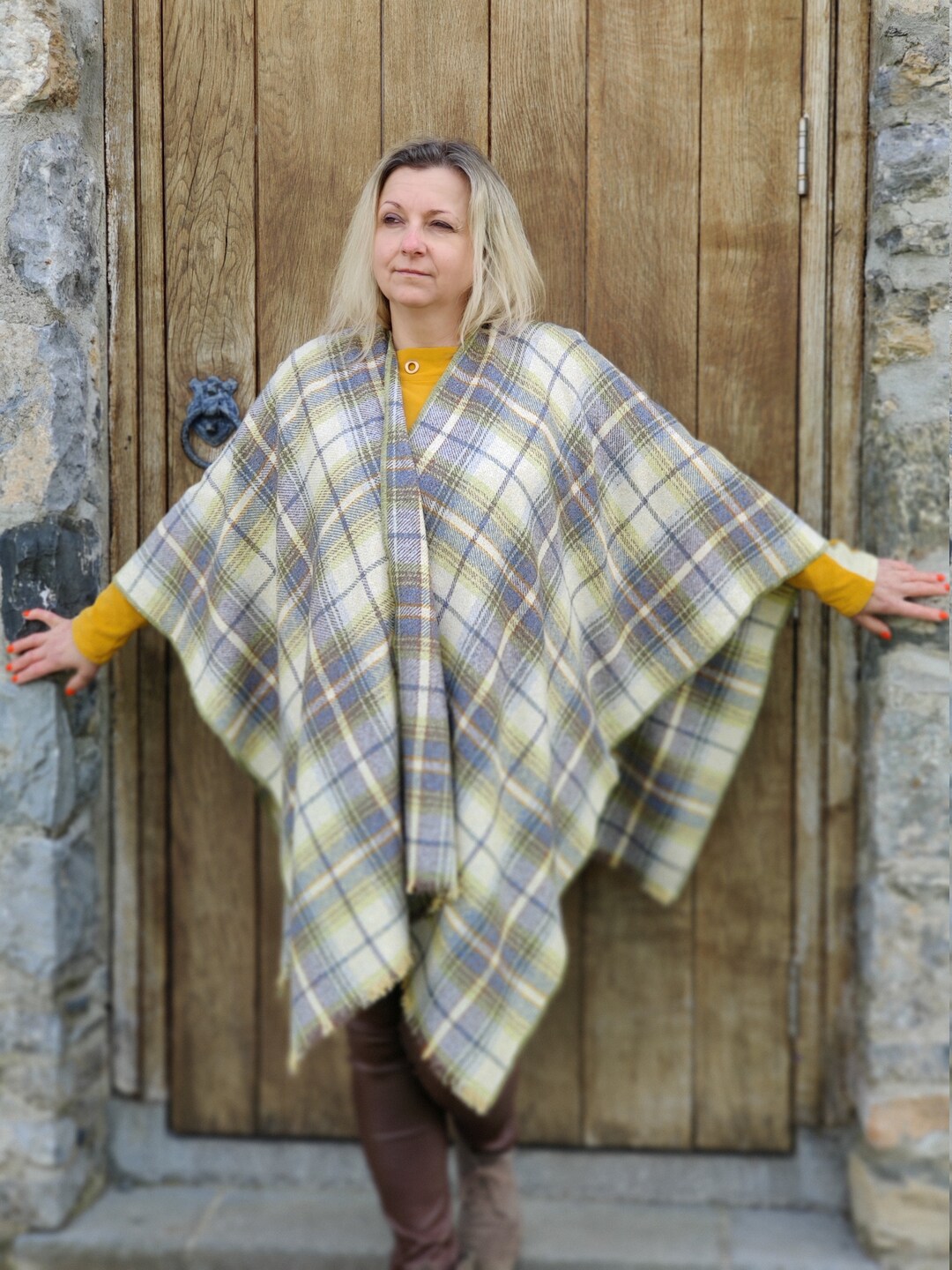 Burette Silk Summer/spring Ruana Wrap Yellow Teal Grey Brown Plaid ...