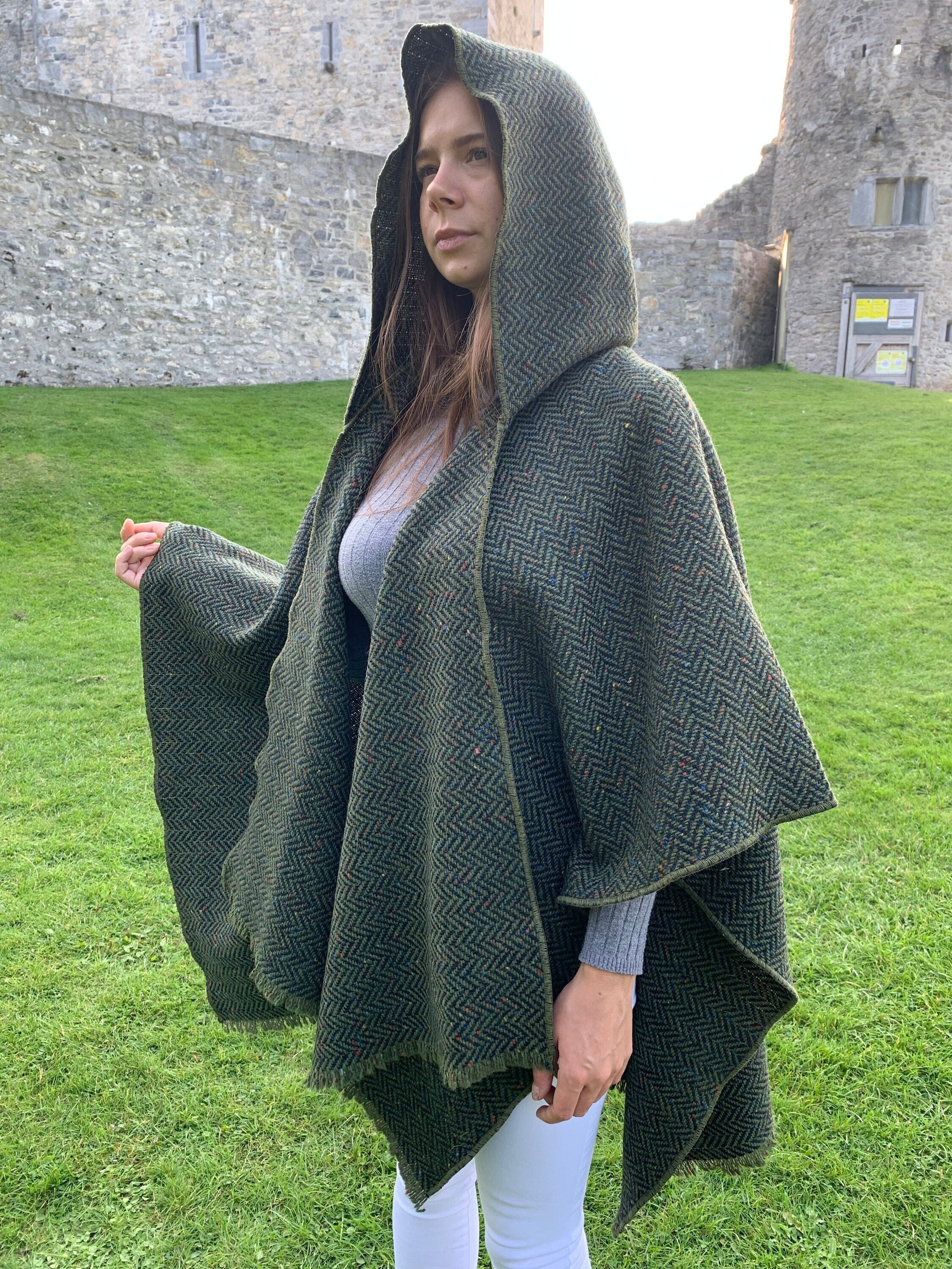 Irish Donegal Tweed Wool Hooded Ruana, Cape, Rectangle Cloak - Speckled ...