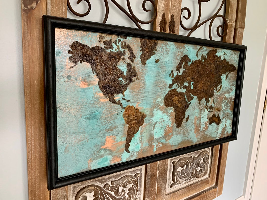 Metal World Map in Rust & Verdigris Patina - Etsy