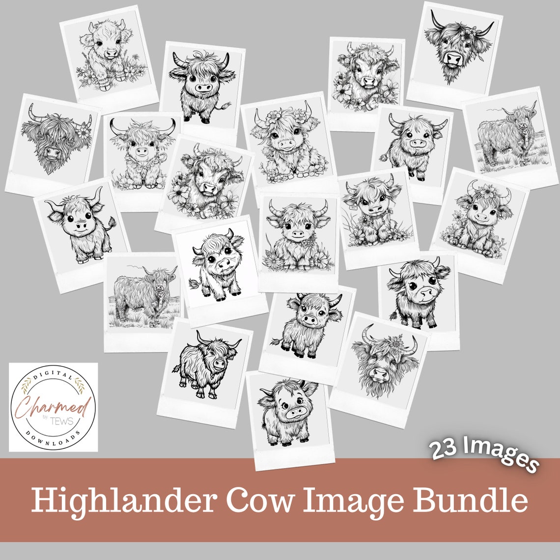 23 Highlander Cow Image Bundle - Instant Access - Black and White ...