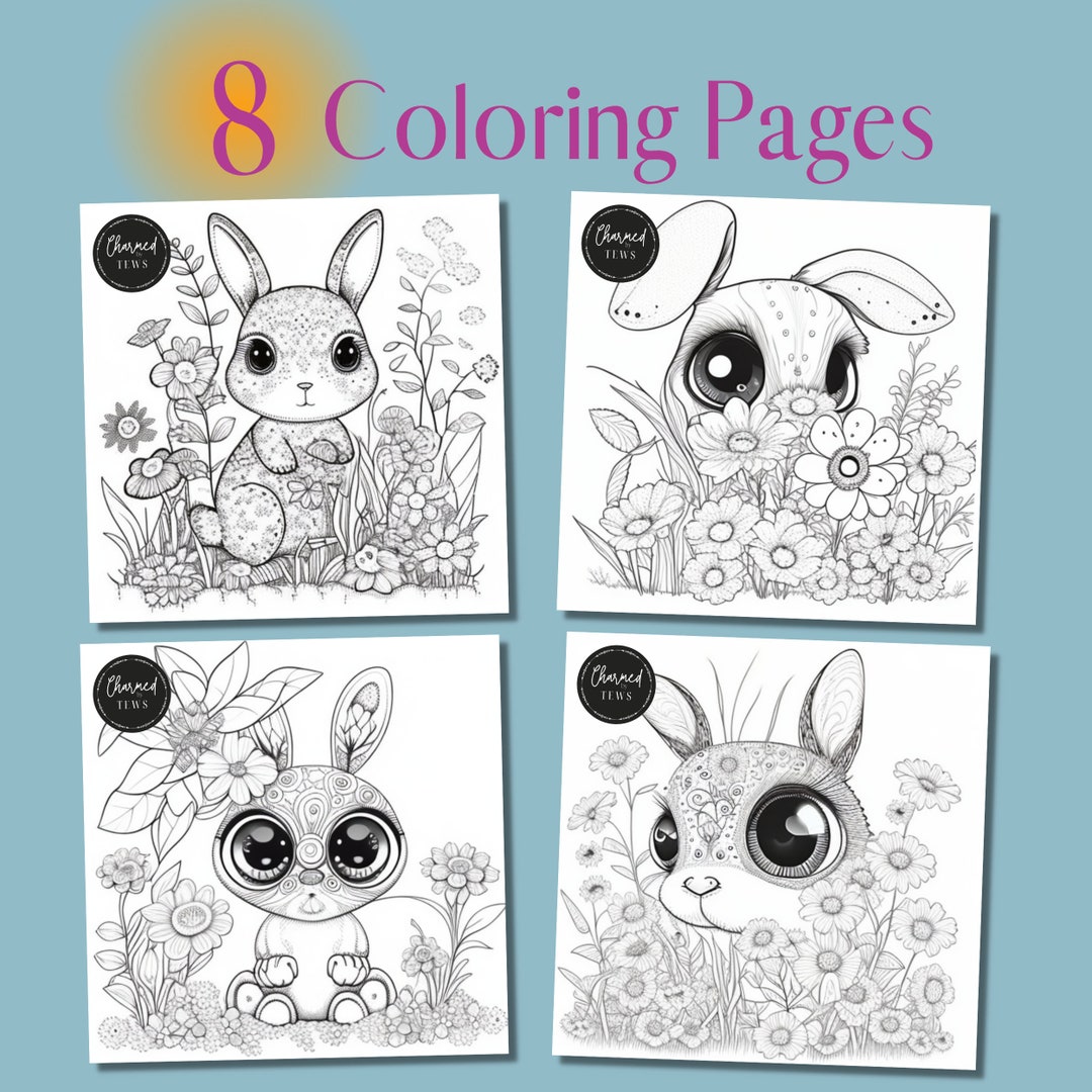 Hoppin Fun! Bundle of 8 Coloring Pages Rabbit Big Eyes Flowers Easter ...