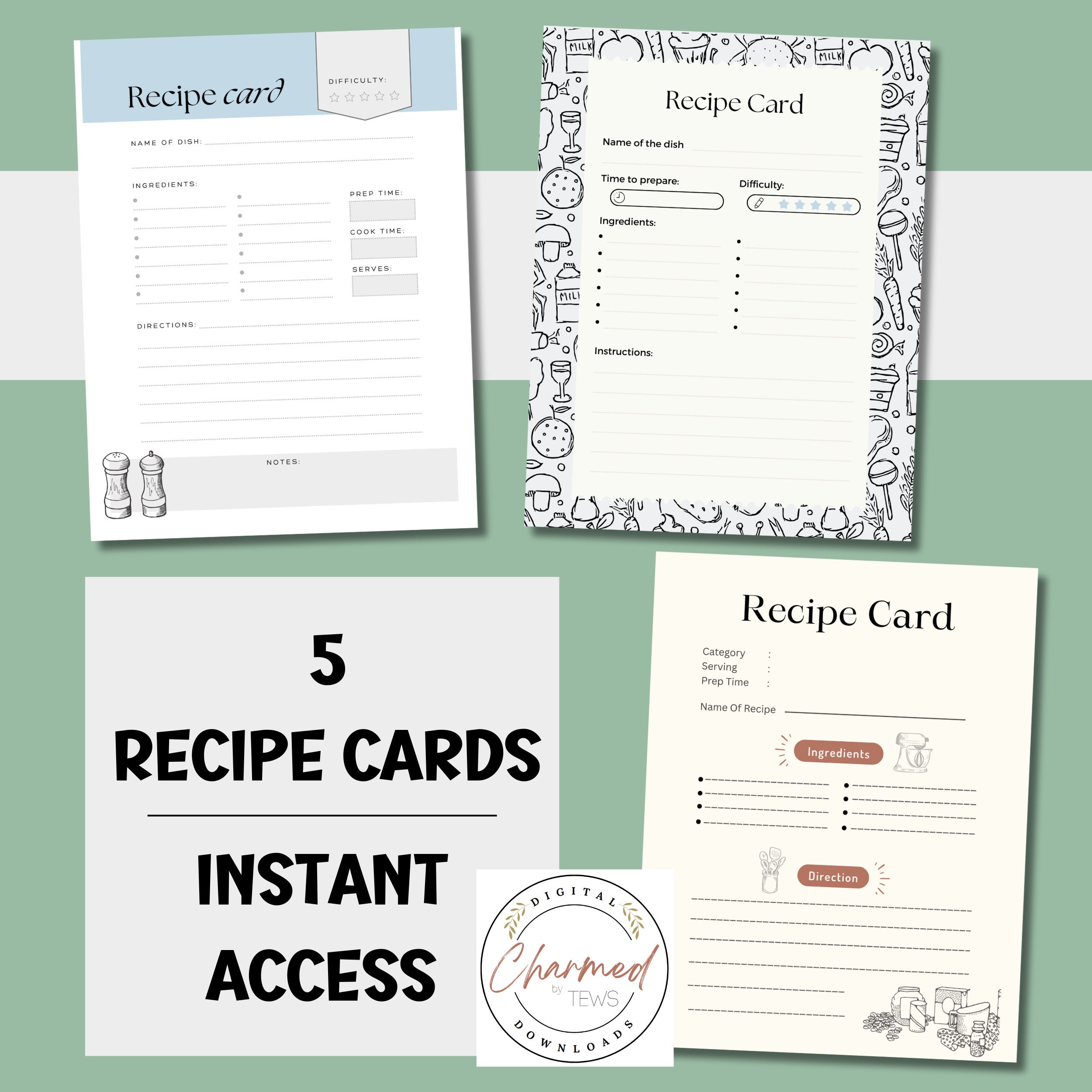 5 Cute Recipe Cards Digital Download - Illustrated Kitchen Art for DIY ...