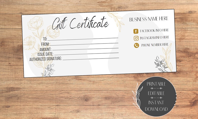 Printable Editable Gift Certificate Template Instant Download Gold ...