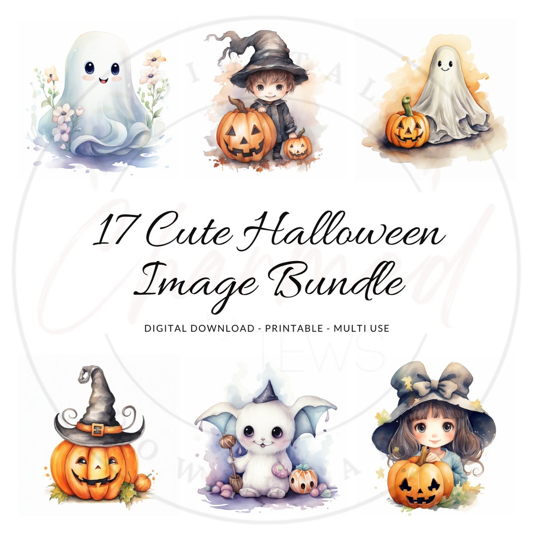 17 Cute Spooky Adorable Watercolor Halloween Image Bundle Digital ...