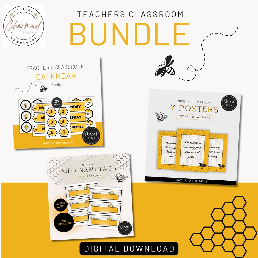 Classroom Bee Theme Bundle: Calendar, Posters, Name Tags (digital ...
