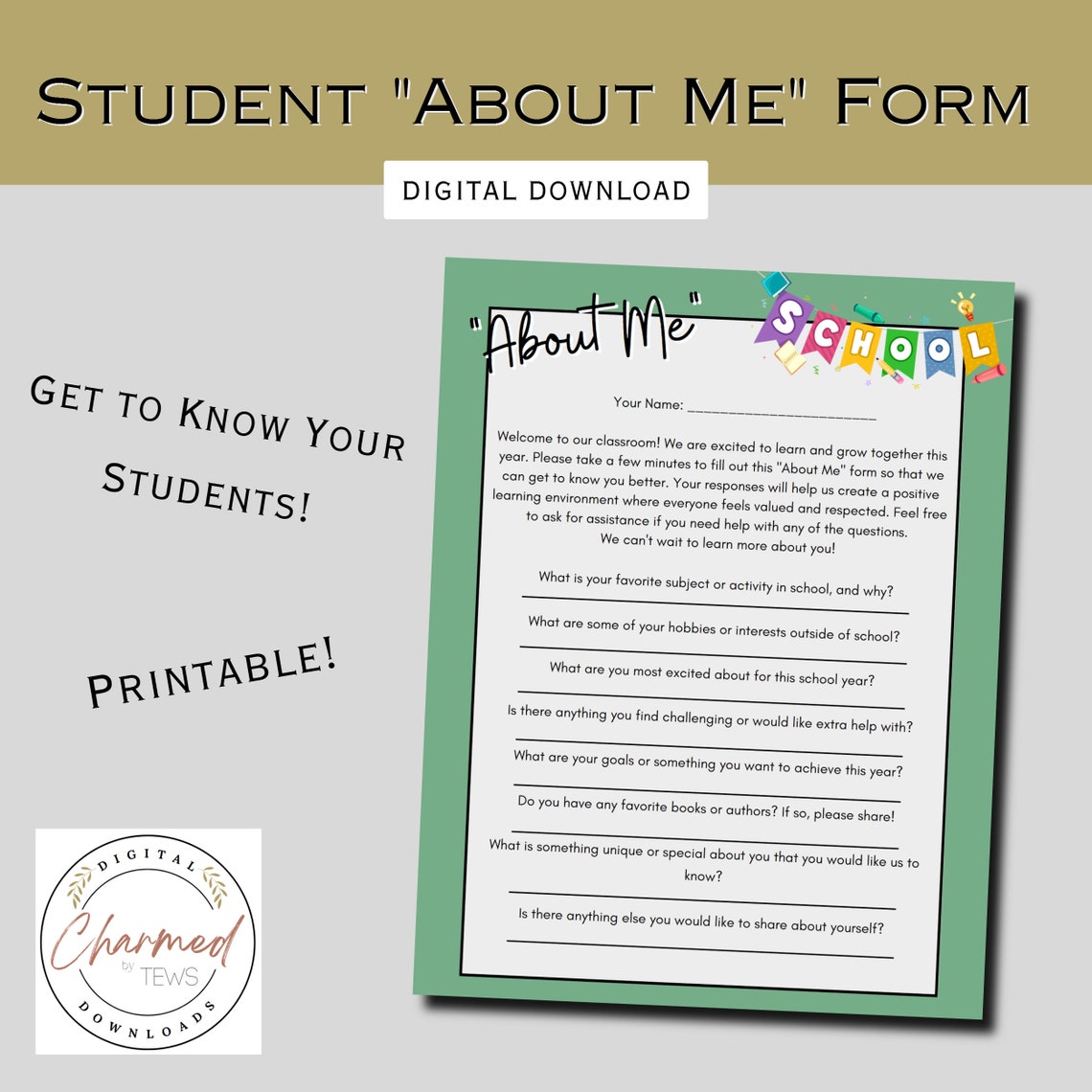 Teacher "about Me" Student Form - Digital Download - Printable - Back ...