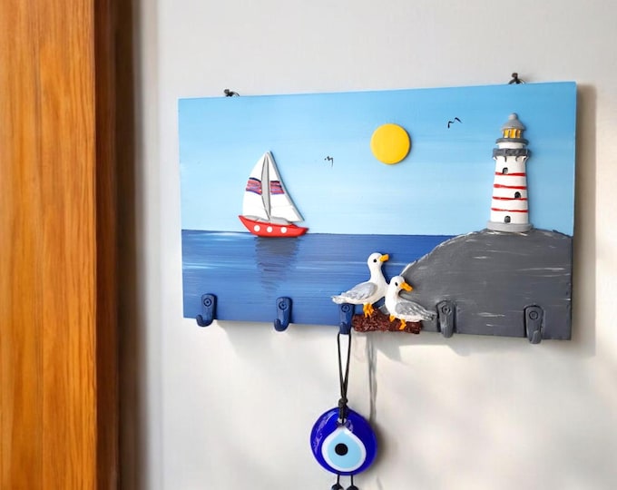 Beautiful Boat and Sea Shells Key Organiser, Nautical Rustic Wall Key ...