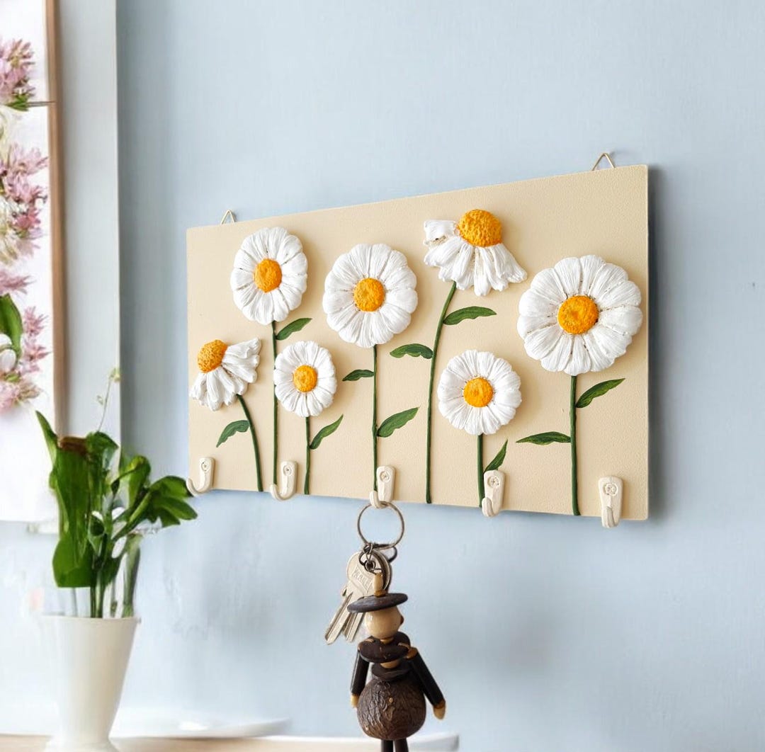 White Daisies Rustic Key Holder, White Floral Decorative Key Hanger ...