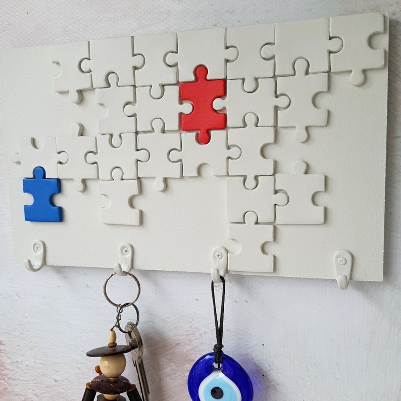 Puzzle Key Holder for Wall, Wooden Puzzle Art Decorative Key Hanger ...