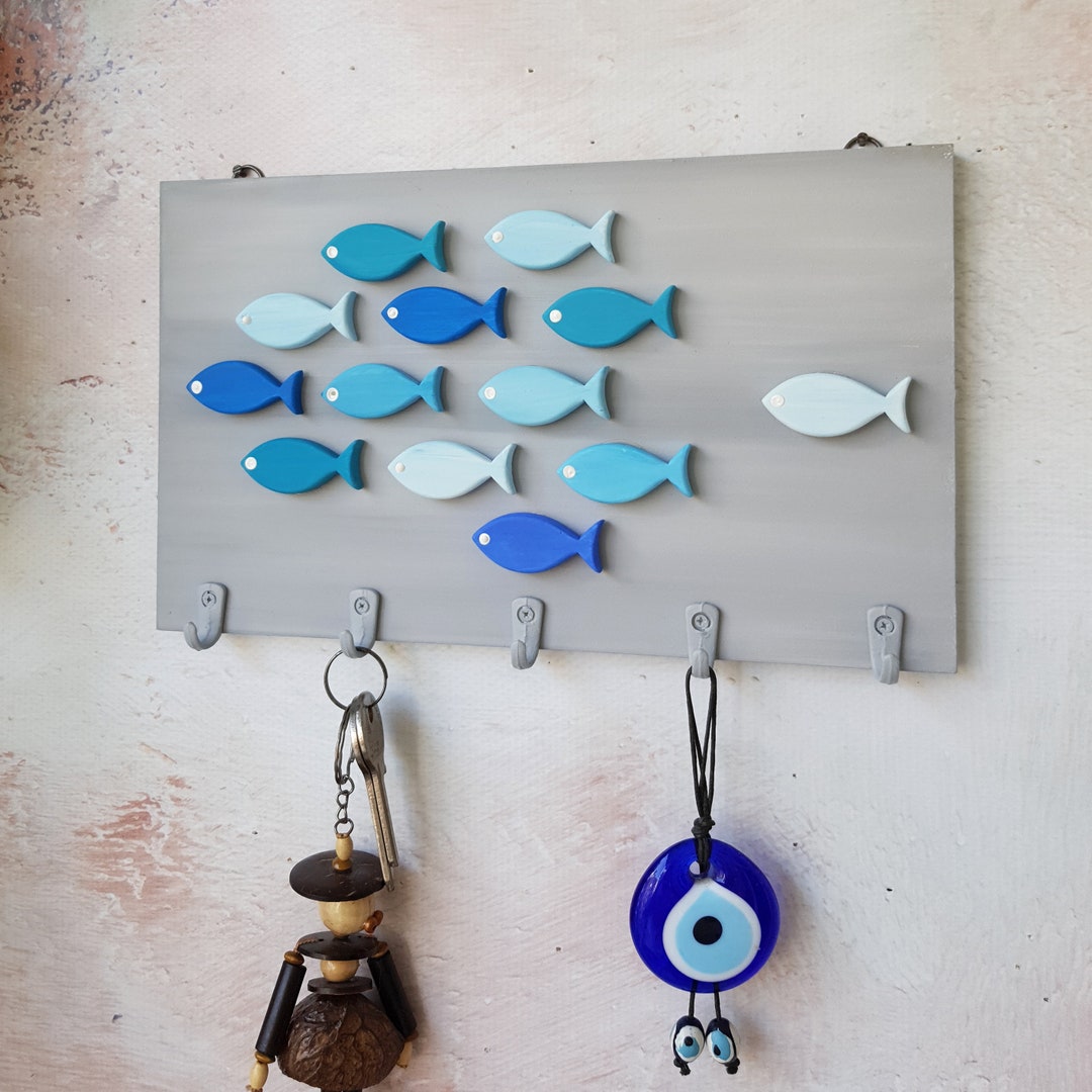 Blue Fishes Key Holder for Wall, Beach House Nautical Decor Key Rack ...