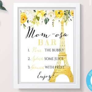 Paris Mom-osa Bar Sign Template, Yellow Floral Baby Shower Mimosa Bar ...