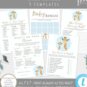 Blue Giraffe Baby Shower Game Bundle Template Set, Giraffe Shower Games ...