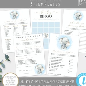 Blue Elephant Baby Shower Game Bundle Template Set, Elephant Shower ...