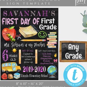 Back to School Template for Girl - Any Age, Editable First Day of ...