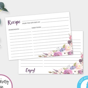 Purple Floral Recipe Card Template, Bridal Shower Recipe Card ...