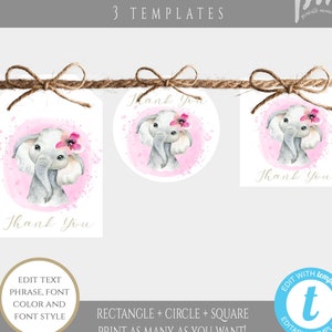Pink Elephant Thank You Favor Tag Template, Girl Baby Shower Gift Tag ...