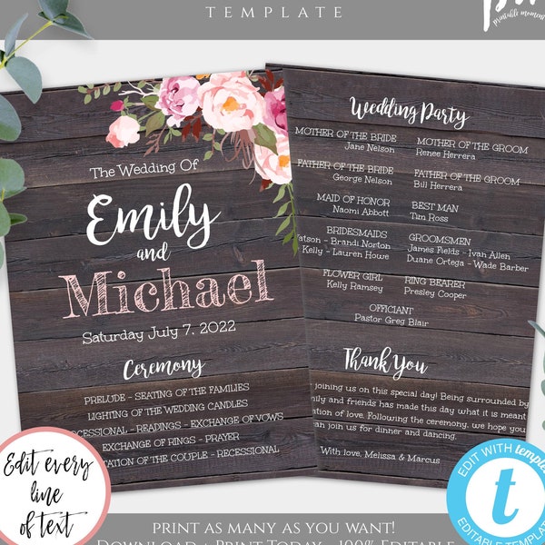 Rustic Wedding Program - Etsy
