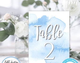 MRIA Light Blue Wedding Table Number Template, Editable Blue Navy ...