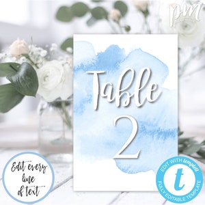 Light Blue Watercolor Table Number Template, Wedding Number Card ...