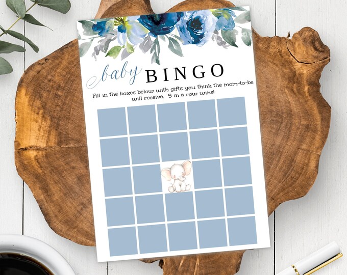 Boy Elephant Baby Shower Bingo Game, Blue Elephant Boy Baby Shower Game ...