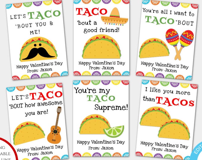 Printable Taco Valentine's Day Cards, Valentines Card for Kids, Taco ...