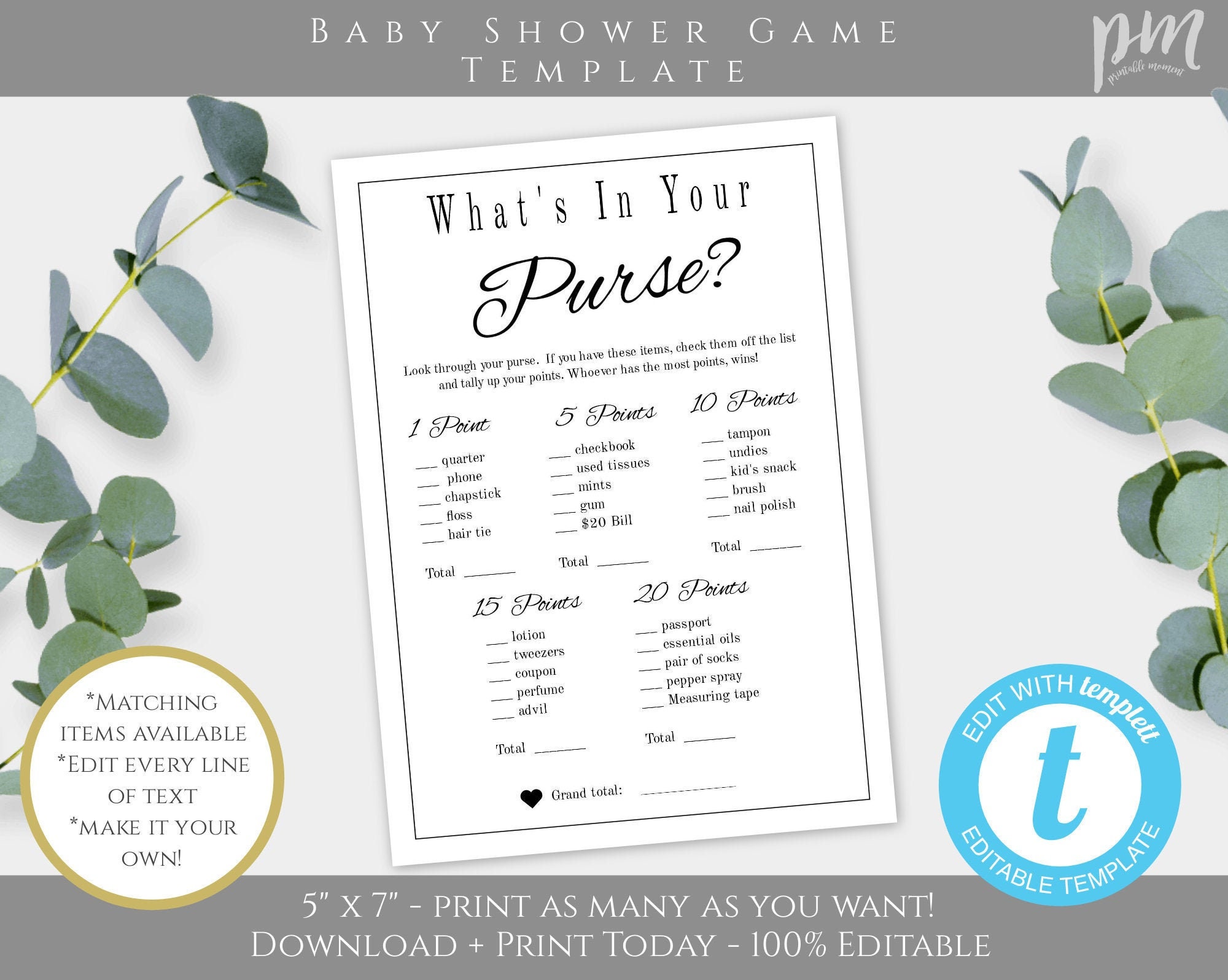 What's in Your Purse Baby Shower Game Template Editable | Etsy