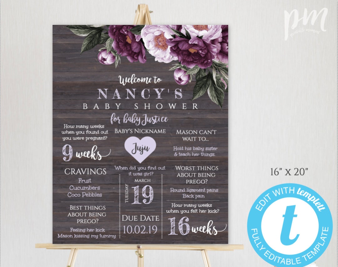 Purple Floral Rustic Pregnancy Stat Board Template, Pregnancy Keepsake ...