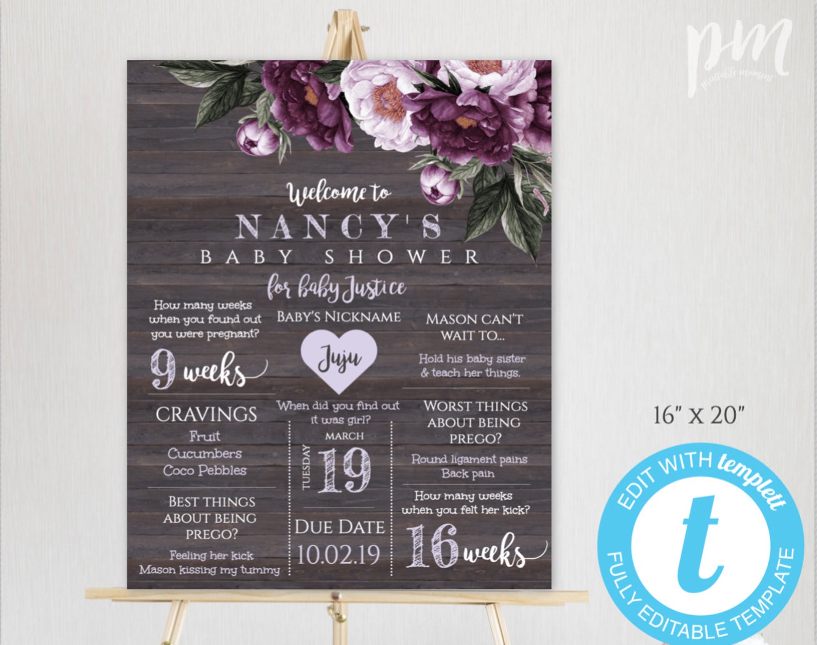 Purple Floral Rustic Pregnancy Stat Board Template, Pregnancy Keepsake ...