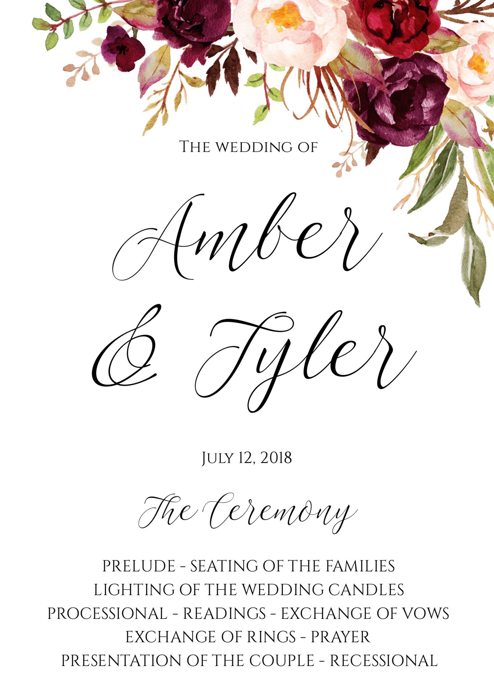 Burgundy Wedding Program Template Printable Order of - Etsy