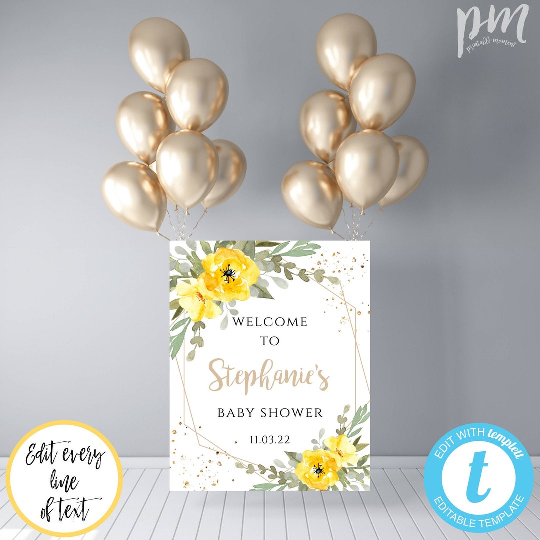 Yellow Floral Welcome Sign Template, Welcome Poster, Door Sign, Gold ...