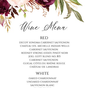 Burgundy Wine Menu Template, Wine List, Printable Drinks Menu, Editable ...