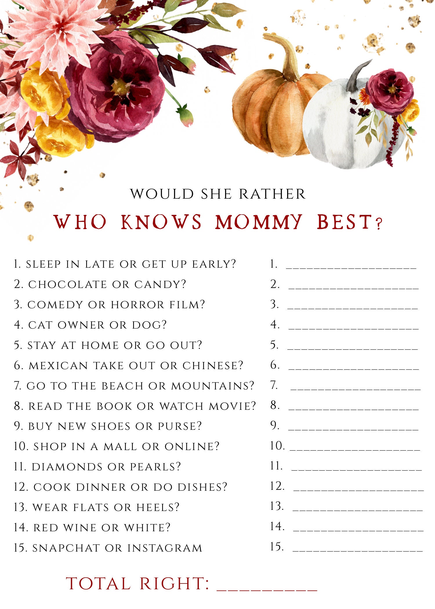 Fall Pumpkin Would You Rather Game Template, Who Knows Mommy Best Game ...