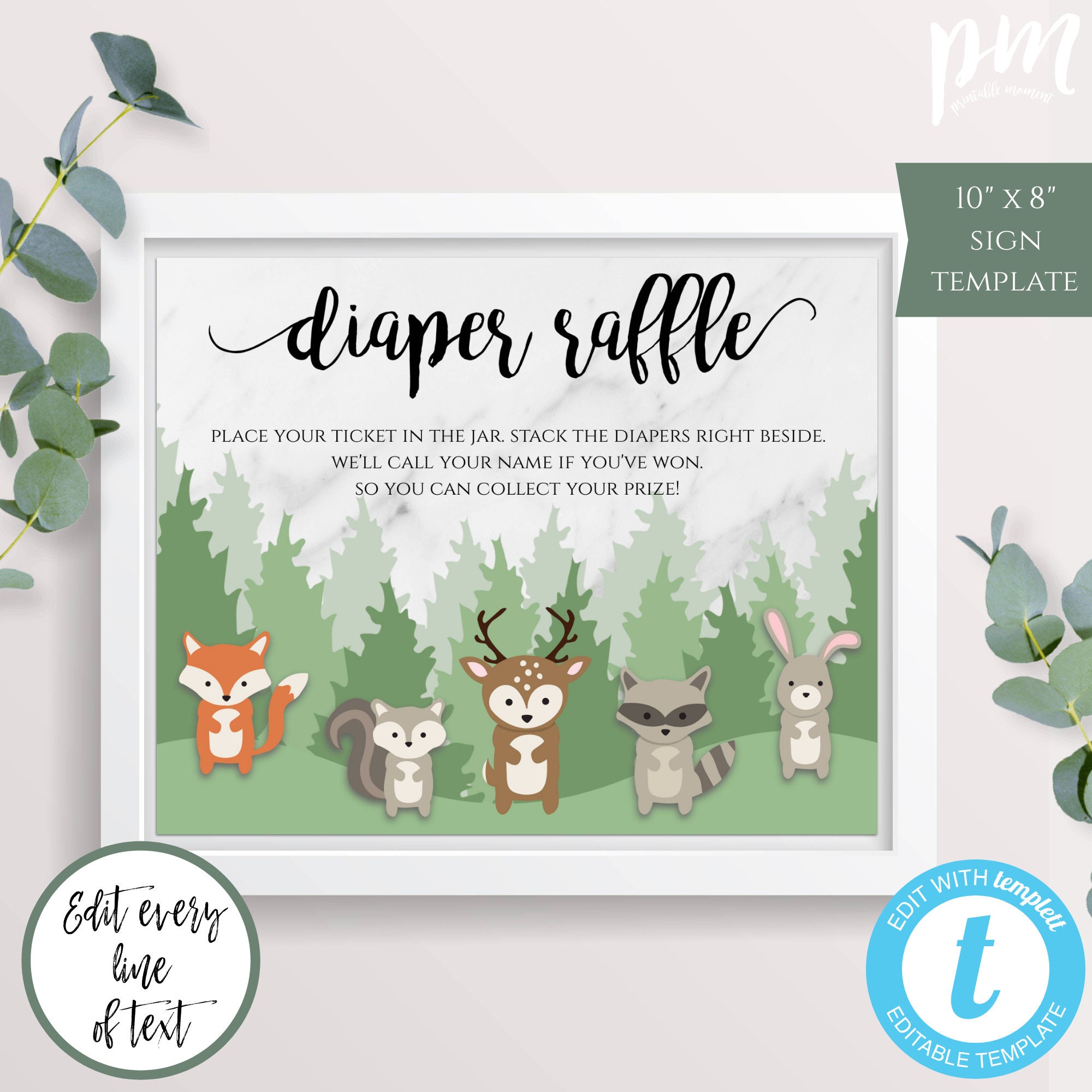 Woodland Animal Baby Shower Diaper Raffle Sign Template - Etsy