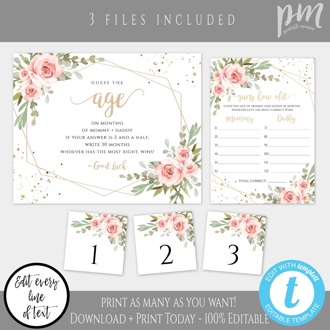 Pink Floral Guess the Age Game Template Blush Floral Baby | Etsy