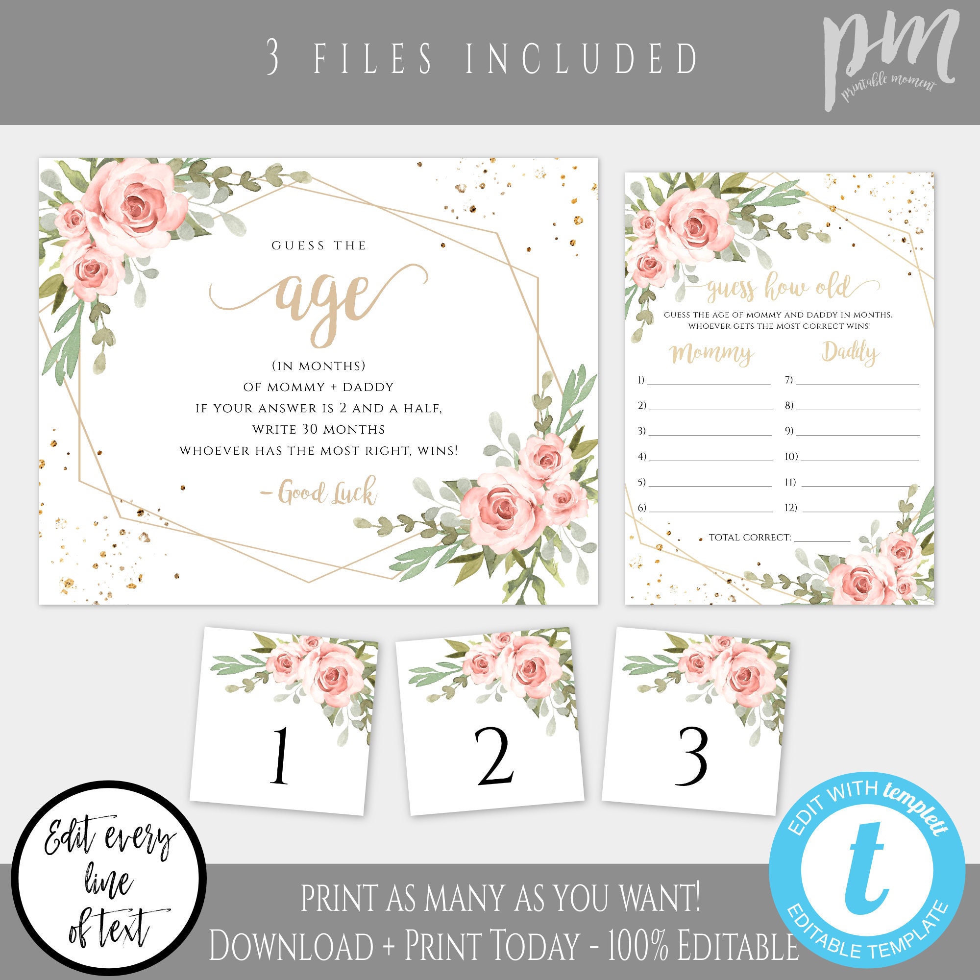 Pink Floral Guess the Age Game Template Blush Floral Baby | Etsy