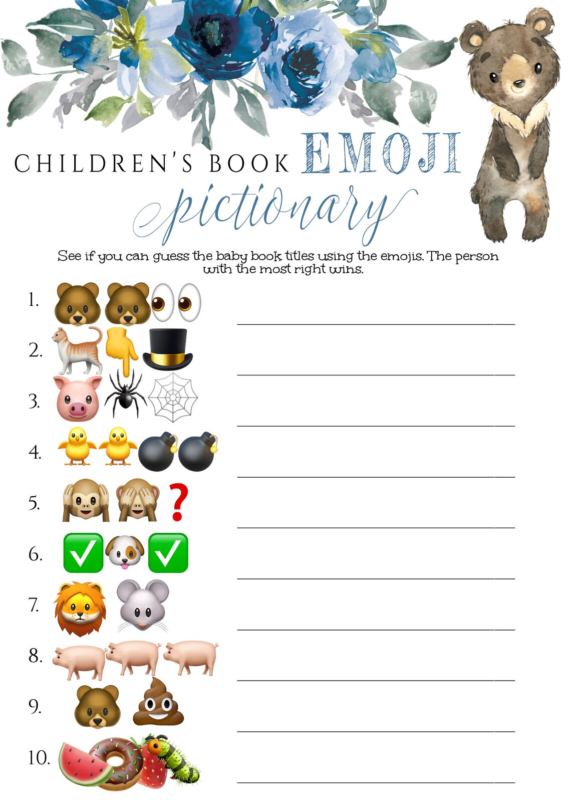 Children's Book Emoji Game Template DIY Editable Bear | Etsy