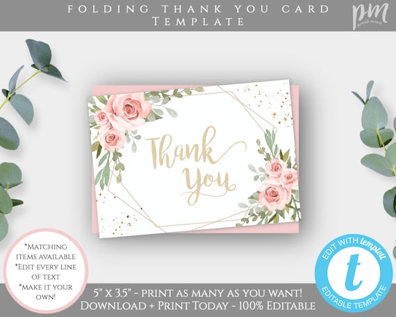 Blush Pink Floral Folding Thank You Card Template Printable - Etsy