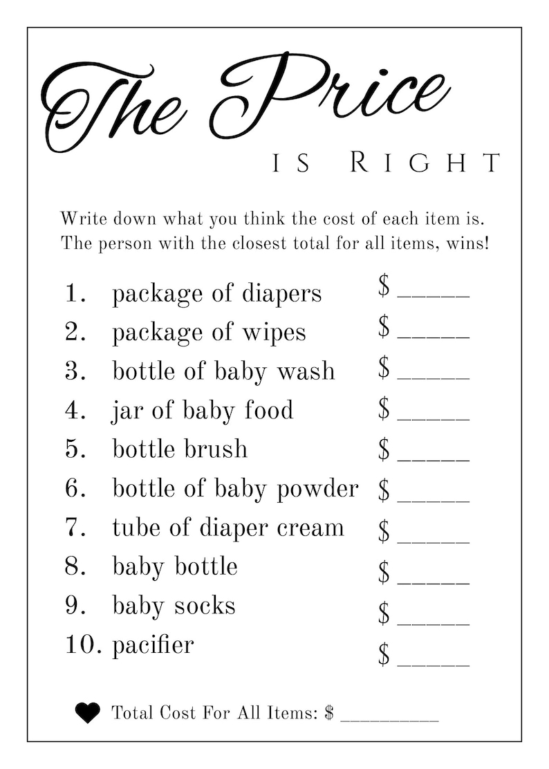 The Price is Right Baby Shower Game Template Printable Game - Etsy